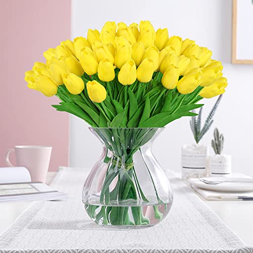 Hawesome 30pcs Artificial Latex Tulips Flowers Faux Tulip Stems PU Real Touch Tulips for Wedding Party Home Decoration (Yellow)