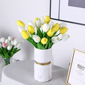 Hawesome 30pcs Artificial Latex Tulips Flowers Faux Tulip Stems PU Real Touch Tulips for Wedding Party Home Decoration (Yellow)