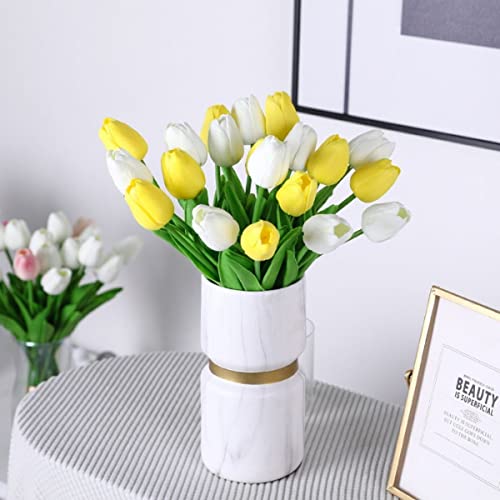 Hawesome 30pcs Artificial Latex Tulips Flowers Faux Tulip Stems PU Real Touch Tulips for Wedding Party Home Decoration (Yellow)