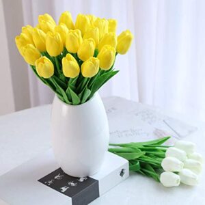 Hawesome 30pcs Artificial Latex Tulips Flowers Faux Tulip Stems PU Real Touch Tulips for Wedding Party Home Decoration (Yellow)