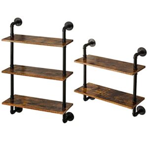 ymyny industrial pipe shelf bracket, 2 tiers and 3 tiers retro wall mounted floating shelf, 24″ farmhouse bathroom shelving, set of 2