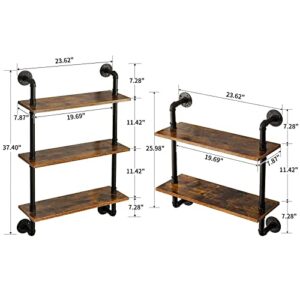 YMYNY Industrial Pipe Shelf Bracket, 2 Tiers and 3 Tiers Retro Wall Mounted Floating Shelf, 24" Farmhouse Bathroom Shelving, Set of 2