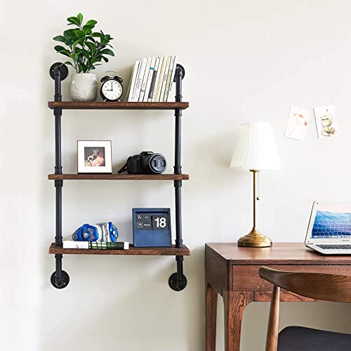 YMYNY Industrial Pipe Shelf Bracket, 2 Tiers and 3 Tiers Retro Wall Mounted Floating Shelf, 24" Farmhouse Bathroom Shelving, Set of 2