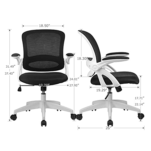 COMHOMA Office Chairs Ergonomic Desk Chair Mesh Computer Chair with Flip Up Armrest Mid Back Task Home Office Chair Swivel Chair with Smooth Casters White