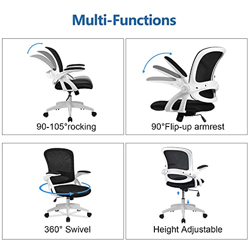 COMHOMA Office Chairs Ergonomic Desk Chair Mesh Computer Chair with Flip Up Armrest Mid Back Task Home Office Chair Swivel Chair with Smooth Casters White