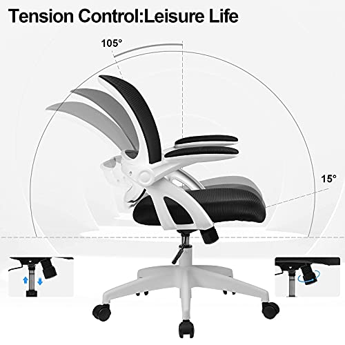 COMHOMA Office Chairs Ergonomic Desk Chair Mesh Computer Chair with Flip Up Armrest Mid Back Task Home Office Chair Swivel Chair with Smooth Casters White