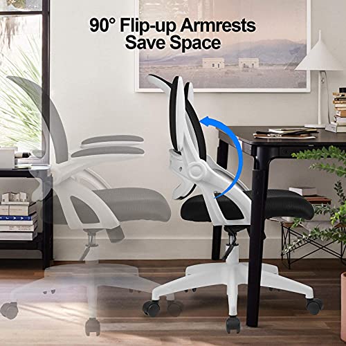 COMHOMA Office Chairs Ergonomic Desk Chair Mesh Computer Chair with Flip Up Armrest Mid Back Task Home Office Chair Swivel Chair with Smooth Casters White