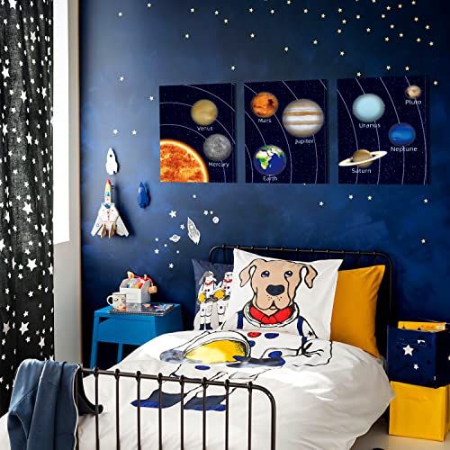 KAIRNE Kids Space Room Decor Framed Outer Space Wall Art Set Of 3 (12X16inch) Kids Picture Planets Pictures Solar System Educational Teaching Poster for Boys Room Nursery Kids Playroom Decor