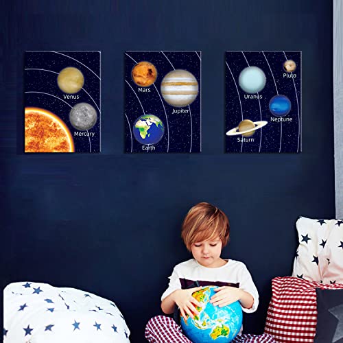 KAIRNE Kids Space Room Decor Framed Outer Space Wall Art Set Of 3 (12X16inch) Kids Picture Planets Pictures Solar System Educational Teaching Poster for Boys Room Nursery Kids Playroom Decor