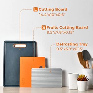 Linoroso Kitchen Cutting Board Set of 3, Dishwasher Safe Cutting Boards with Defrosting Tray and Fruits Board, Non-Slip Rubber Chopping Board Set with Juice Grooves - Lava Orange