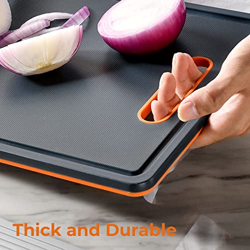 Linoroso Kitchen Cutting Board Set of 3, Dishwasher Safe Cutting Boards with Defrosting Tray and Fruits Board, Non-Slip Rubber Chopping Board Set with Juice Grooves - Lava Orange