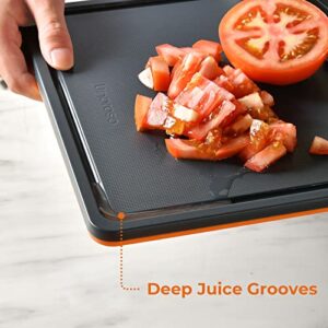 Linoroso Kitchen Cutting Board Set of 3, Dishwasher Safe Cutting Boards with Defrosting Tray and Fruits Board, Non-Slip Rubber Chopping Board Set with Juice Grooves - Lava Orange