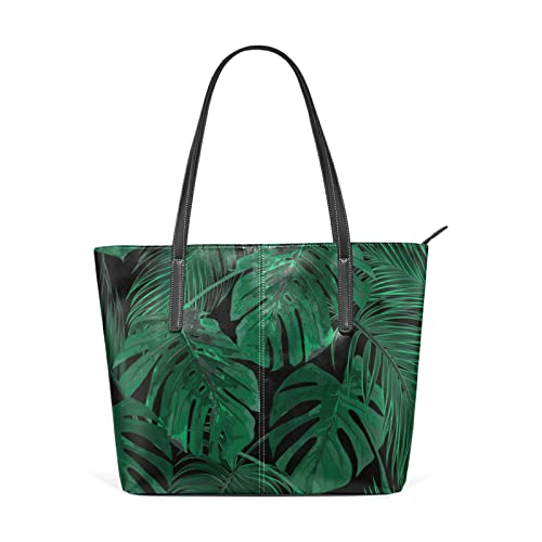 Leather Tote Bag for Women with Zipper Handbags Shoulder Bag Tropical Palm Green Monstera Leaf Pockets Work Travel Small Office Business Dark