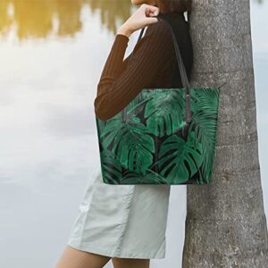 Leather Tote Bag for Women with Zipper Handbags Shoulder Bag Tropical Palm Green Monstera Leaf Pockets Work Travel Small Office Business Dark