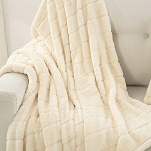 Ultra Soft Reversible Faux Fur Throw, Thick Fluffy Blanket for Winter Sofa Couch, Cuddly & Warm, (50"x 60", Cream)