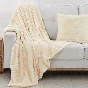 Ultra Soft Reversible Faux Fur Throw, Thick Fluffy Blanket for Winter Sofa Couch, Cuddly & Warm, (50"x 60", Cream)