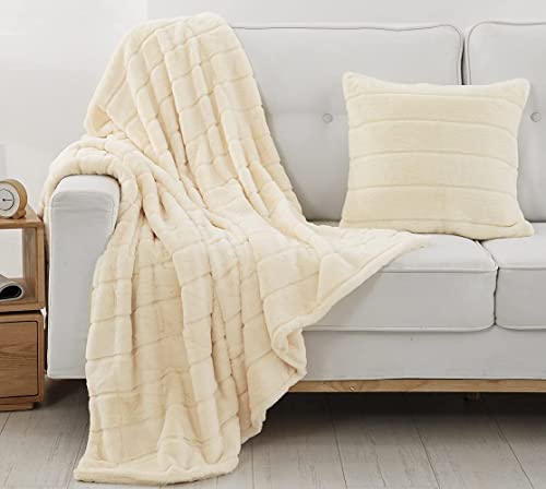 Ultra Soft Reversible Faux Fur Throw, Thick Fluffy Blanket for Winter Sofa Couch, Cuddly & Warm, (50"x 60", Cream)