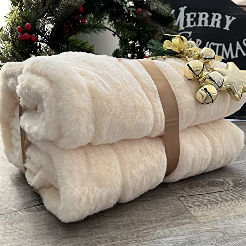 Ultra Soft Reversible Faux Fur Throw, Thick Fluffy Blanket for Winter Sofa Couch, Cuddly & Warm, (50"x 60", Cream)