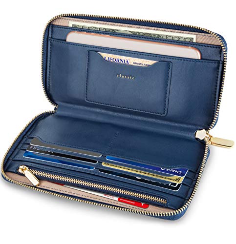 SERMAN BRANDS Women's Classic Clutch Wallets for Women RFID Blocking. Blue Purse Card Wallet w. Phone Holder (Prestige)