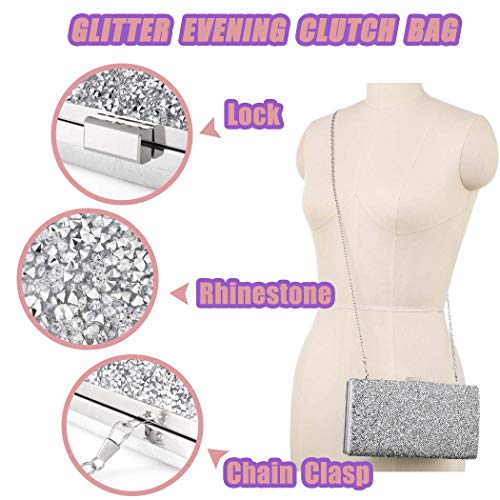 ELABEST Glitter Evening Clutch Bag Rhinestone Handbag Crossbody Purse Wedding Party Bag for Women and Girls (Single-sided silver crystal)