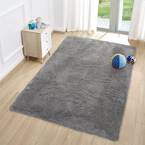 CAROMIO Soft Shaggy Rugs Plush Indoor Modern Faux Fur Area Rugs for Bedroom Luxury Fluffy Carpets Non-Slip Nursery Rugs Shag Rug Home Decor for Living Room Floor Kids Rooms, Light Grey, 4' x 6'