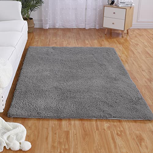 CAROMIO Soft Shaggy Rugs Plush Indoor Modern Faux Fur Area Rugs for Bedroom Luxury Fluffy Carpets Non-Slip Nursery Rugs Shag Rug Home Decor for Living Room Floor Kids Rooms, Light Grey, 4' x 6'