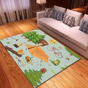 rouihot non-slip area rug 3’x 5′ camp camping forest picnic cartoon tent campfire summer log rugs carpet for classroom living room bedroom dining kindergarten room