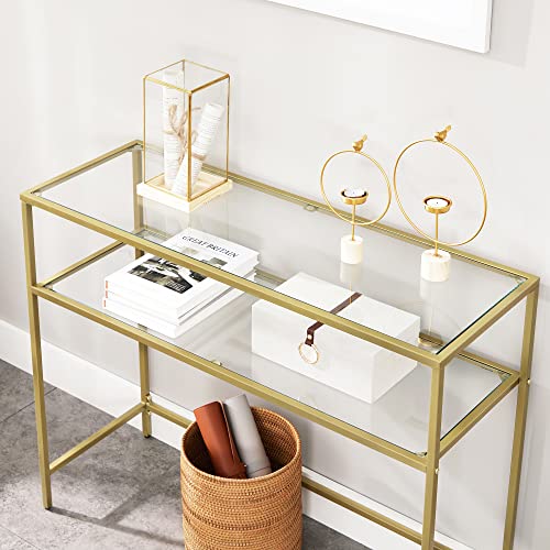 VASAGLE 39.4 Inch Console Sofa Table, Modern Entryway Table, Tempered Glass Table, Metal Frame, 2 Shelves, Adjustable Feet, for Living Room, Hallway, Gold Color ULGT025A01