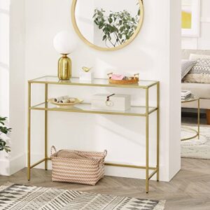 VASAGLE 39.4 Inch Console Sofa Table, Modern Entryway Table, Tempered Glass Table, Metal Frame, 2 Shelves, Adjustable Feet, for Living Room, Hallway, Gold Color ULGT025A01