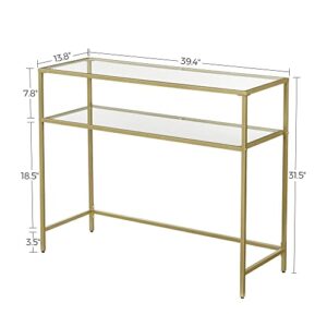 VASAGLE 39.4 Inch Console Sofa Table, Modern Entryway Table, Tempered Glass Table, Metal Frame, 2 Shelves, Adjustable Feet, for Living Room, Hallway, Gold Color ULGT025A01