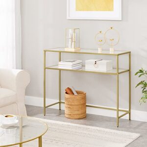 VASAGLE 39.4 Inch Console Sofa Table, Modern Entryway Table, Tempered Glass Table, Metal Frame, 2 Shelves, Adjustable Feet, for Living Room, Hallway, Gold Color ULGT025A01