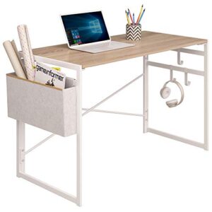 jsb 39.4″ small folding computer desk with storage bag and hook, writing desk modern industrial work table laptop desk for home office (natural and white)