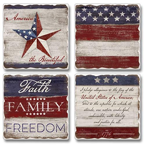 CounterArt Americana Multi-Image Absorbent Stone Tumbled Tile Coaster 4 Pack with Protective Cork Backing Manufactured in The USA