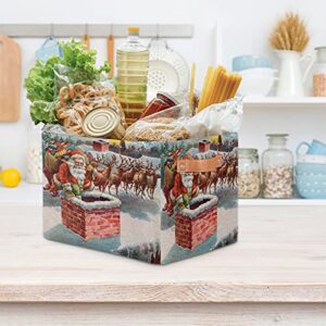 Rectangular Storage Basket Bins Christmas Santa Reindeer Sleigh Toys Books Clothes Canvas Storage Box Cubes Collapsible with Handles for Bedroom Nursery Home Office Decor Organizer Basket