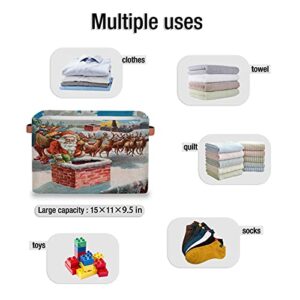 Rectangular Storage Basket Bins Christmas Santa Reindeer Sleigh Toys Books Clothes Canvas Storage Box Cubes Collapsible with Handles for Bedroom Nursery Home Office Decor Organizer Basket