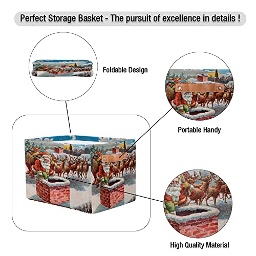 Rectangular Storage Basket Bins Christmas Santa Reindeer Sleigh Toys Books Clothes Canvas Storage Box Cubes Collapsible with Handles for Bedroom Nursery Home Office Decor Organizer Basket