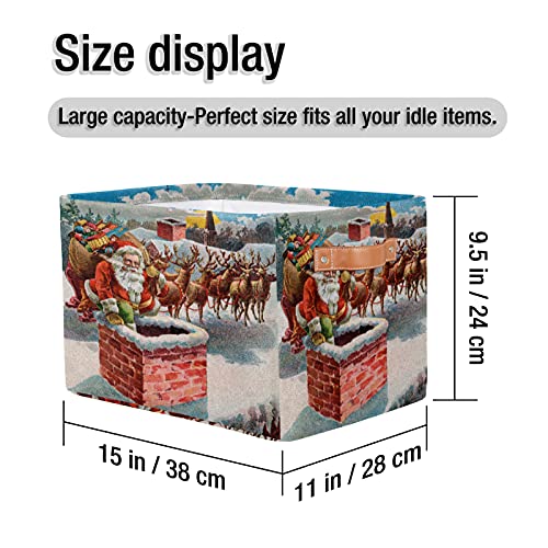 Rectangular Storage Basket Bins Christmas Santa Reindeer Sleigh Toys Books Clothes Canvas Storage Box Cubes Collapsible with Handles for Bedroom Nursery Home Office Decor Organizer Basket