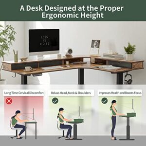 FEZIBO Triple Motor 63" L Shaped Standing Desk with 3 Drawers, Electric Standing Desk Adjustable Height, Corner Stand up Desk with Splice Board - Rustic Brown