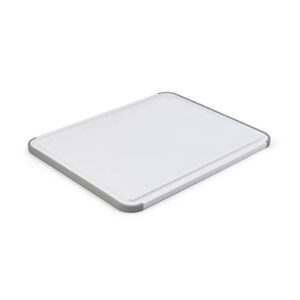 kitchenaid classic plastic cutting board with perimeter trench and non slip edges, dishwasher safe, 11 inch x 14 inch, white and gray