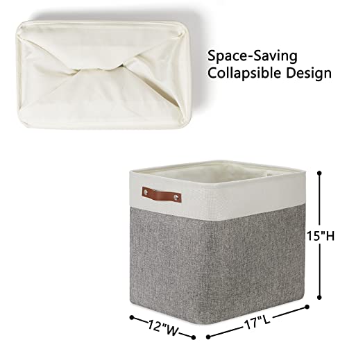 DULLEMELO Storage Baskets Large 17"x12"x15" Rectangular Storage Bins Baskets for Organizing [2 Pack] Fabric Collapsible Storage Organizer for Home,Office,Closet,Clothes,Toys (White&Grey)