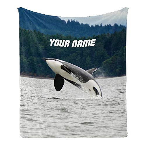 CUXWEOT Custom Blanket with Name Text,Personalized Jumping Killer Whale Super Soft Fleece Throw Blanket for Couch Sofa Bed (50 X 60 inches)