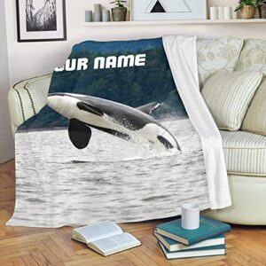 CUXWEOT Custom Blanket with Name Text,Personalized Jumping Killer Whale Super Soft Fleece Throw Blanket for Couch Sofa Bed (50 X 60 inches)