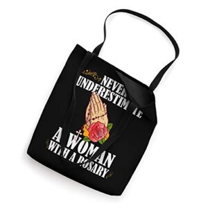 Never Underestimate a Woman with a Rosary Catholic Beads Tote Bag