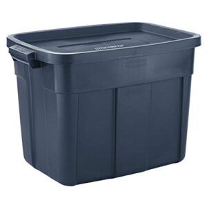 rubbermaid roughneck home/office 18 gallon rugged latching plastic storage tote with lid, dark indigo metallic (12 pack)