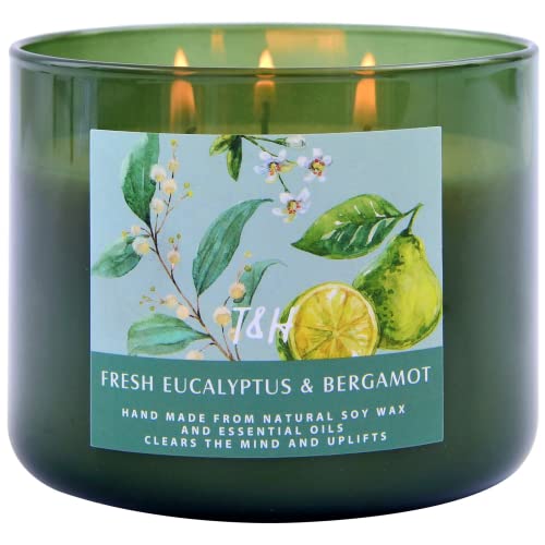 Large 3 Wick Scented Candle - Eucalyptus Bergamot Aromatherapy Stress Relief Candle with Pine, Rose & Cedar - 15.8 oz Spring Candles for Home - Eucalyptus Candles - Natural Soy Candles for Men & Women