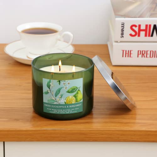 Large 3 Wick Scented Candle - Eucalyptus Bergamot Aromatherapy Stress Relief Candle with Pine, Rose & Cedar - 15.8 oz Spring Candles for Home - Eucalyptus Candles - Natural Soy Candles for Men & Women