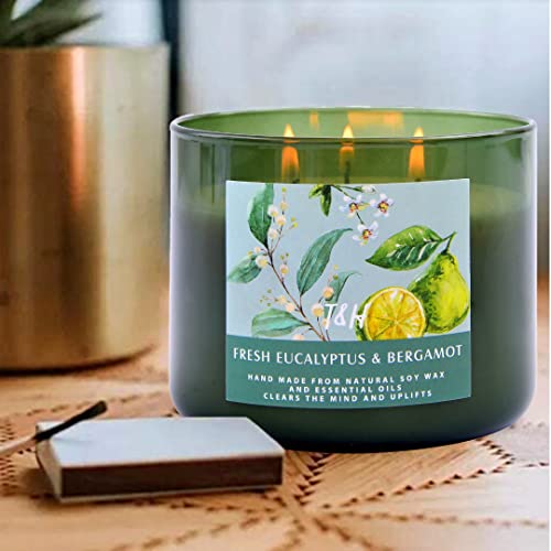 Large 3 Wick Scented Candle - Eucalyptus Bergamot Aromatherapy Stress Relief Candle with Pine, Rose & Cedar - 15.8 oz Spring Candles for Home - Eucalyptus Candles - Natural Soy Candles for Men & Women