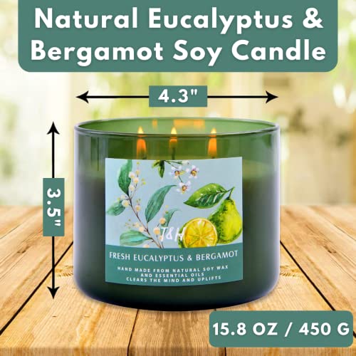 Large 3 Wick Scented Candle - Eucalyptus Bergamot Aromatherapy Stress Relief Candle with Pine, Rose & Cedar - 15.8 oz Spring Candles for Home - Eucalyptus Candles - Natural Soy Candles for Men & Women