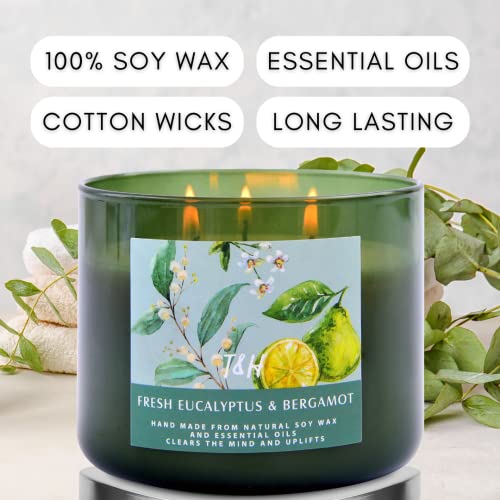 Large 3 Wick Scented Candle - Eucalyptus Bergamot Aromatherapy Stress Relief Candle with Pine, Rose & Cedar - 15.8 oz Spring Candles for Home - Eucalyptus Candles - Natural Soy Candles for Men & Women