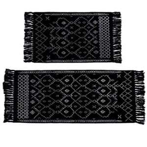 cedilis 2 pack boho bath mat, cotton woven throw rug with small tassel, geometric patterned kitchen bathroom rug, washable hallway floor carpet, black & white, 2 ft x 3 ft & 2 ft x 4.3 ft